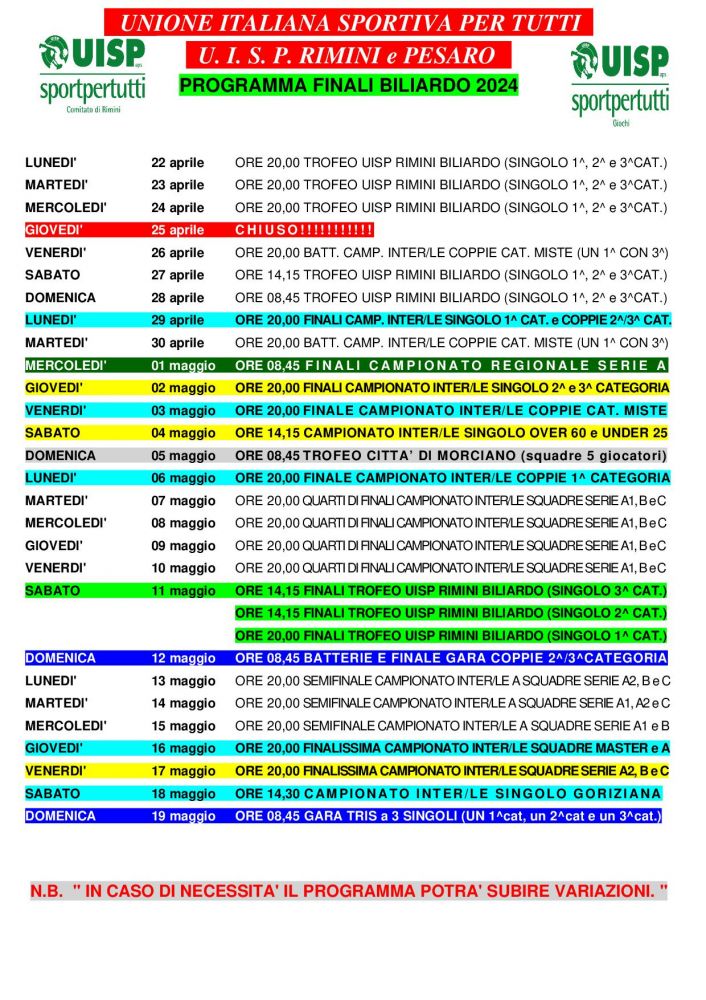 UISP - Rimini - Programma Finali Uisp Biliardo Rimini 2024